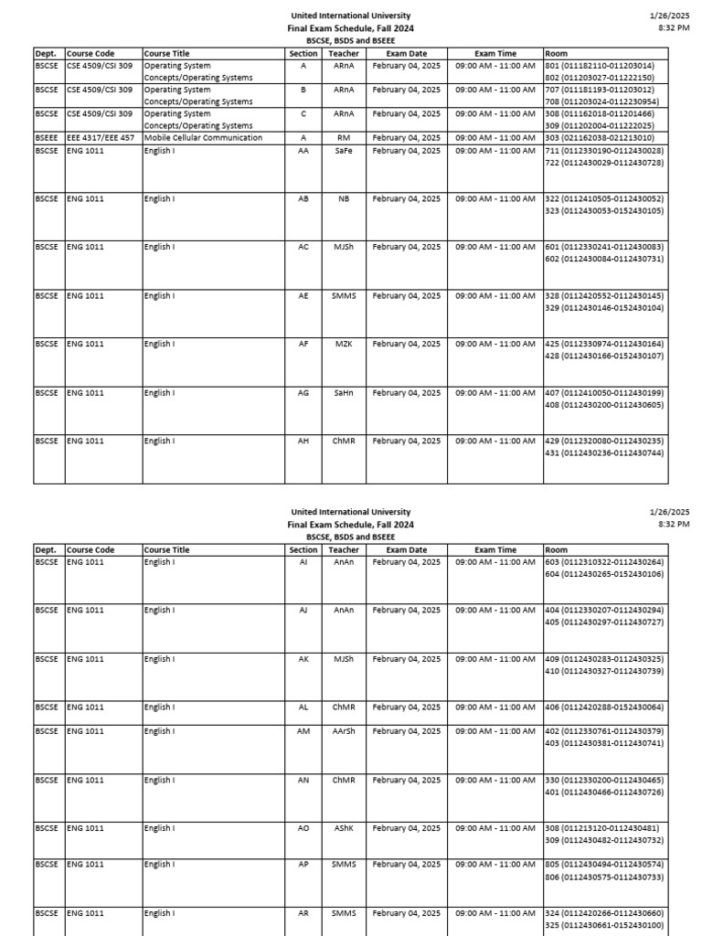 Final Exam Routine BSDS CSE EEE | PDF | Mathematics | Algebra