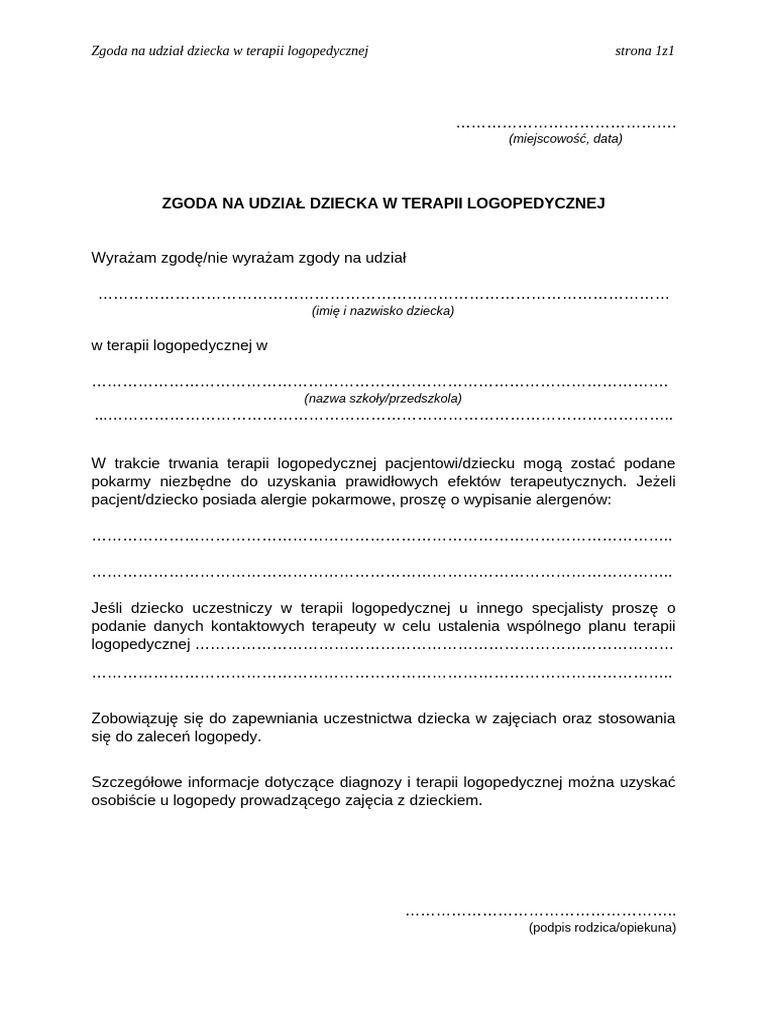 Zgoda Rodziców Na Terapię | PDF