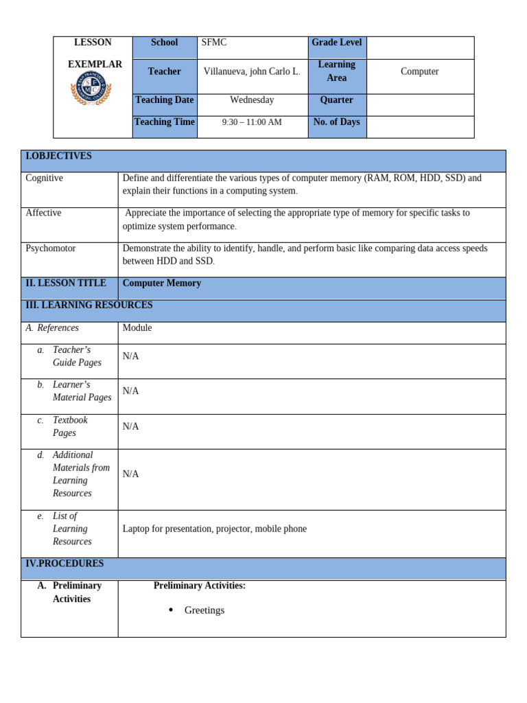 Lesson Exemplar Template | PDF | Teachers | Learning