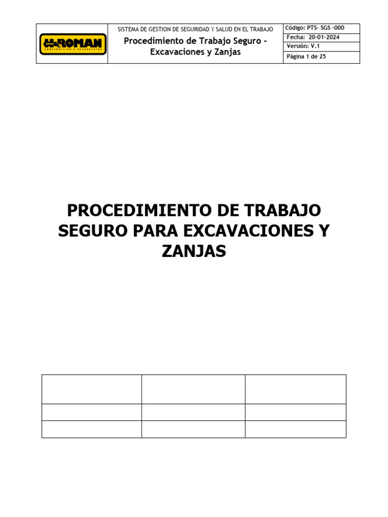 Procedimiento de Trabajo Seguro-En Excavaciones y Zanjas - v1.0 | PDF ...