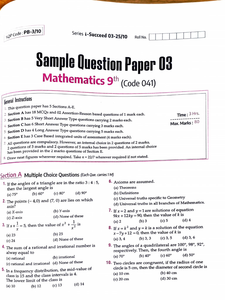Maths Sample Paper 3 Class 9 | PDF | Euclid | Elementary Mathematics