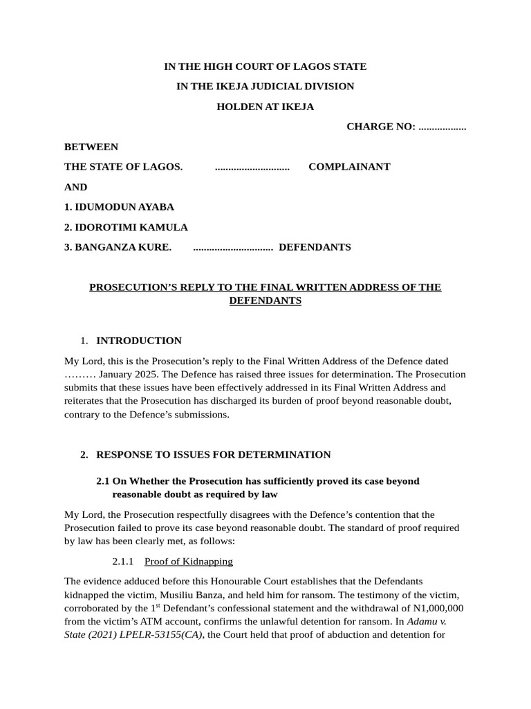 Reply to Defence Written Address from Prosecution | PDF | Burden Of ...