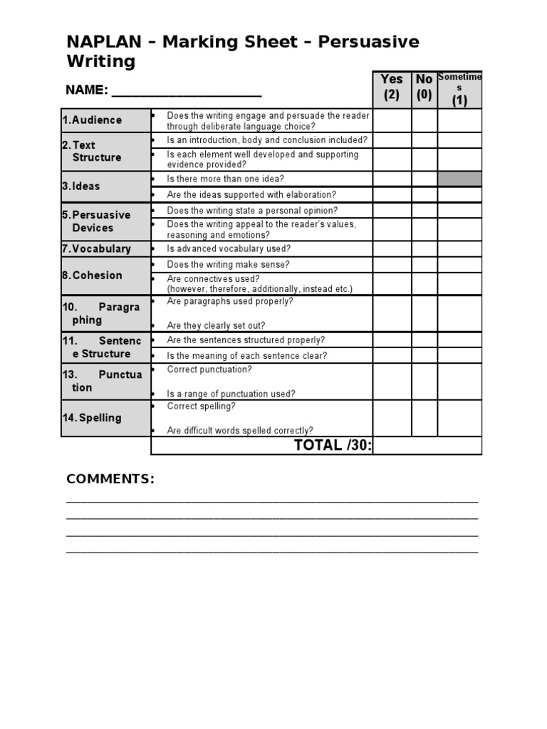 NAPLAN Persuasive Writing Marking Guide | PDF | Career & Growth ...