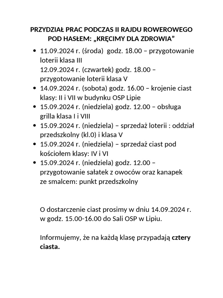 Przydział Prac Podczas II Rajdu Rowerowego Pod Hasłem 2 | PDF