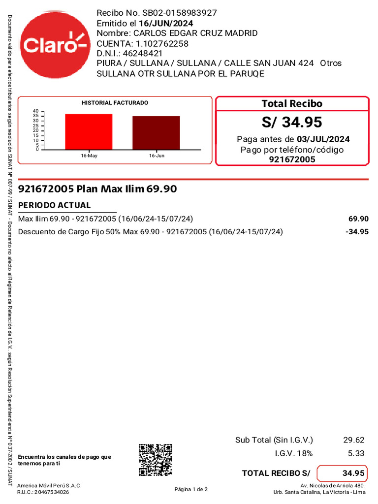 Recibo de Pago Claro: Detalles y Consumo | PDF