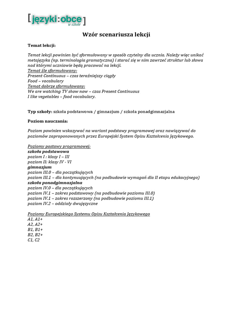 Wzór Scenariusza Lekcji | PDF