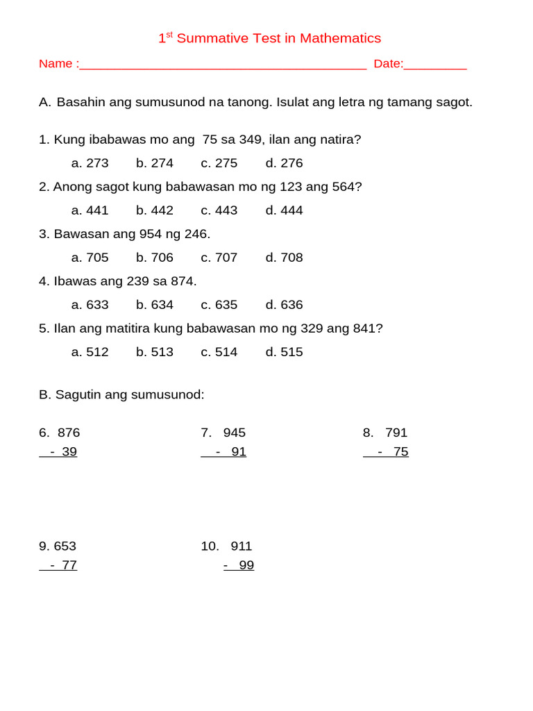 Q2 - Mathematics - Summative Test | PDF