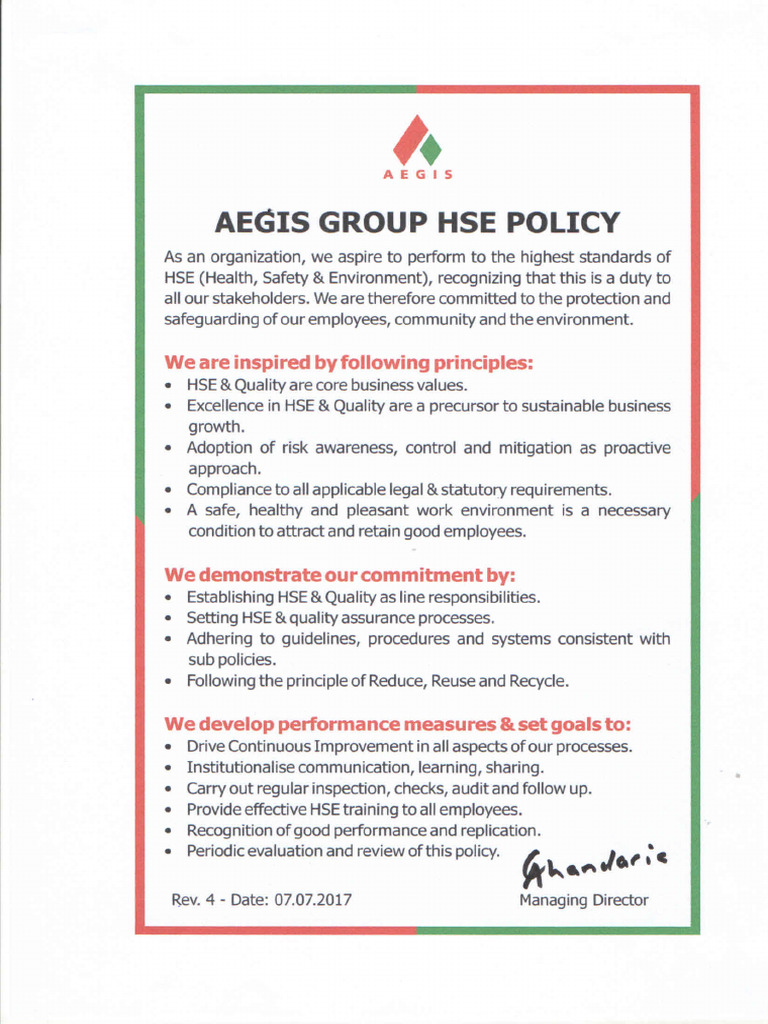Hse Policy 2017 & Sub Policies | PDF