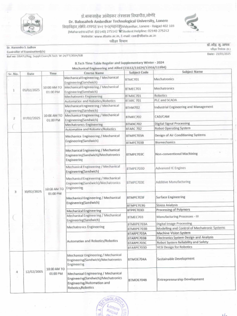 B.tech Regula Suppl - Winter 2024 Sem 7 Time Table | PDF
