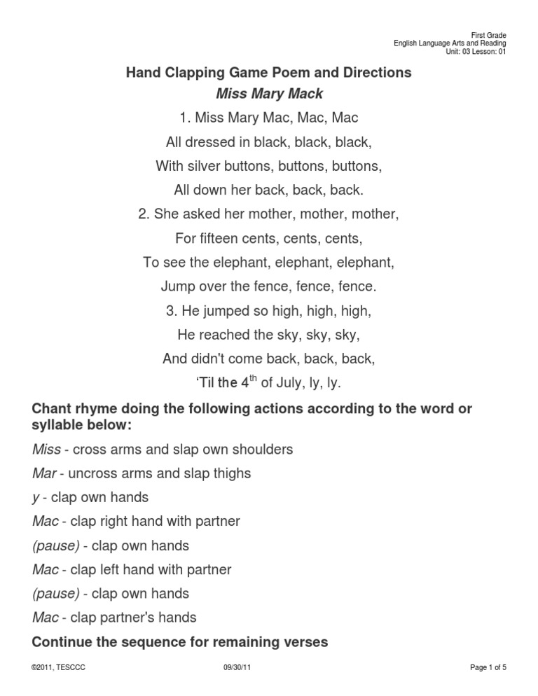 Hand Clapping Game | PDF | Language Arts & Discipline | Poetry
