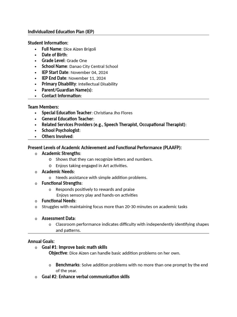 ALAIZA IEP | PDF | Individualized Education Program | Learning