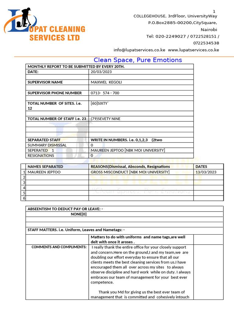 Monthly Supervisor Report Sample | PDF