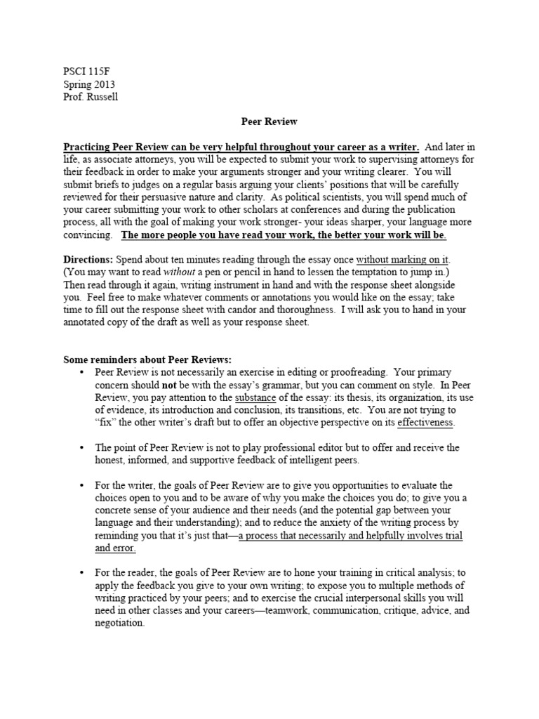 Peer-Review-with-Response-Sheet_Russell (2) | PDF | Peer Review | Essays