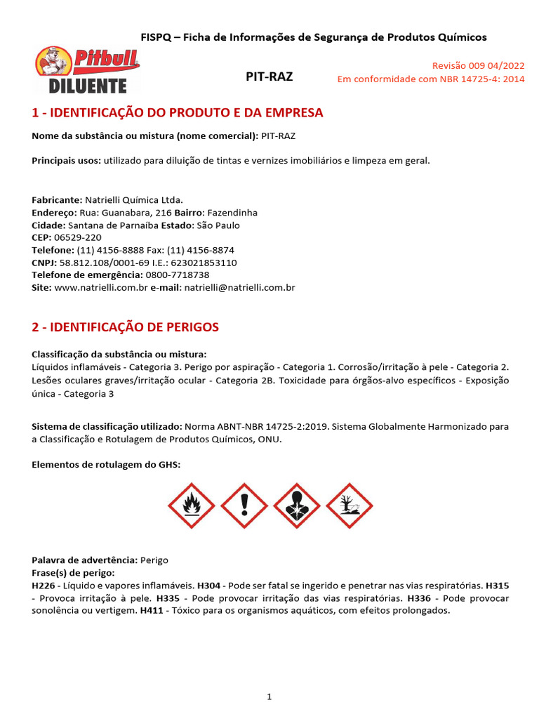 FISPQ do Produto Químico PIT-RAZ | PDF