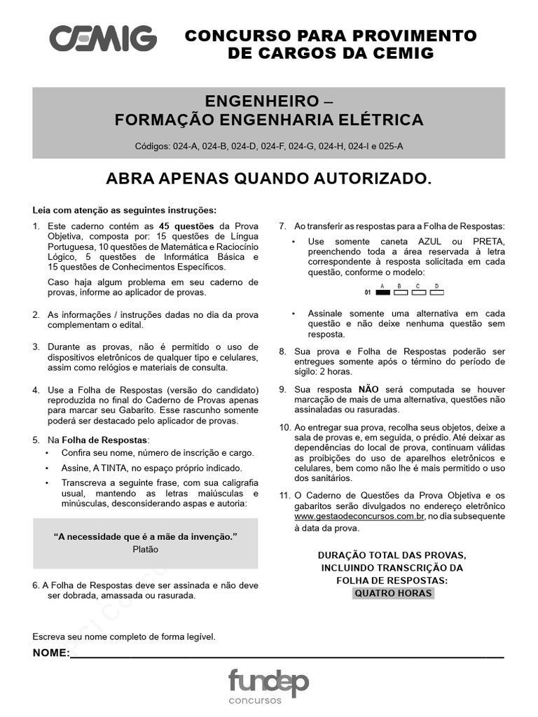 2-Prova Engenharia Eletrica 2023 CEMIG | PDF | Science | Internet