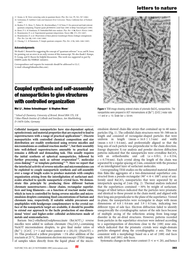 Coupled Synthesis and Self-Assembly of Nanoparticl | PDF | Applied ...