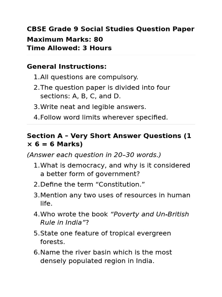 CBSE Grade 9 Social Studies Sample Paper 1 | PDF | Earth Sciences ...