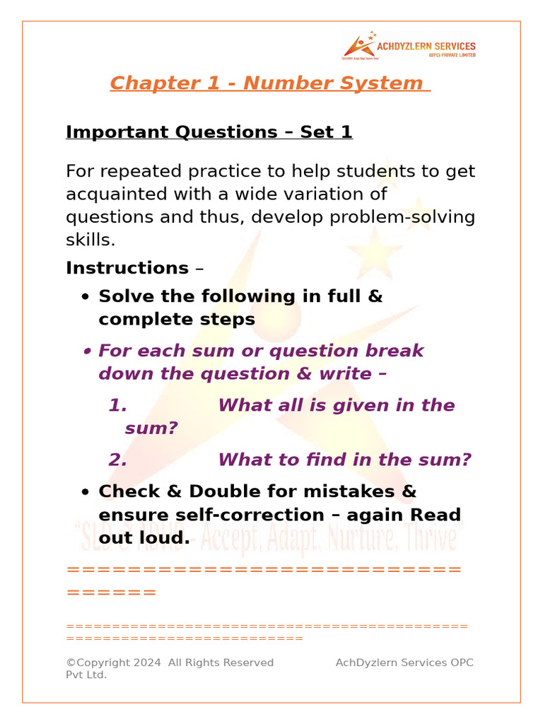 CBSE Grade 9 MATH CH 1 Important Questions | PDF | Numbers | Square Root