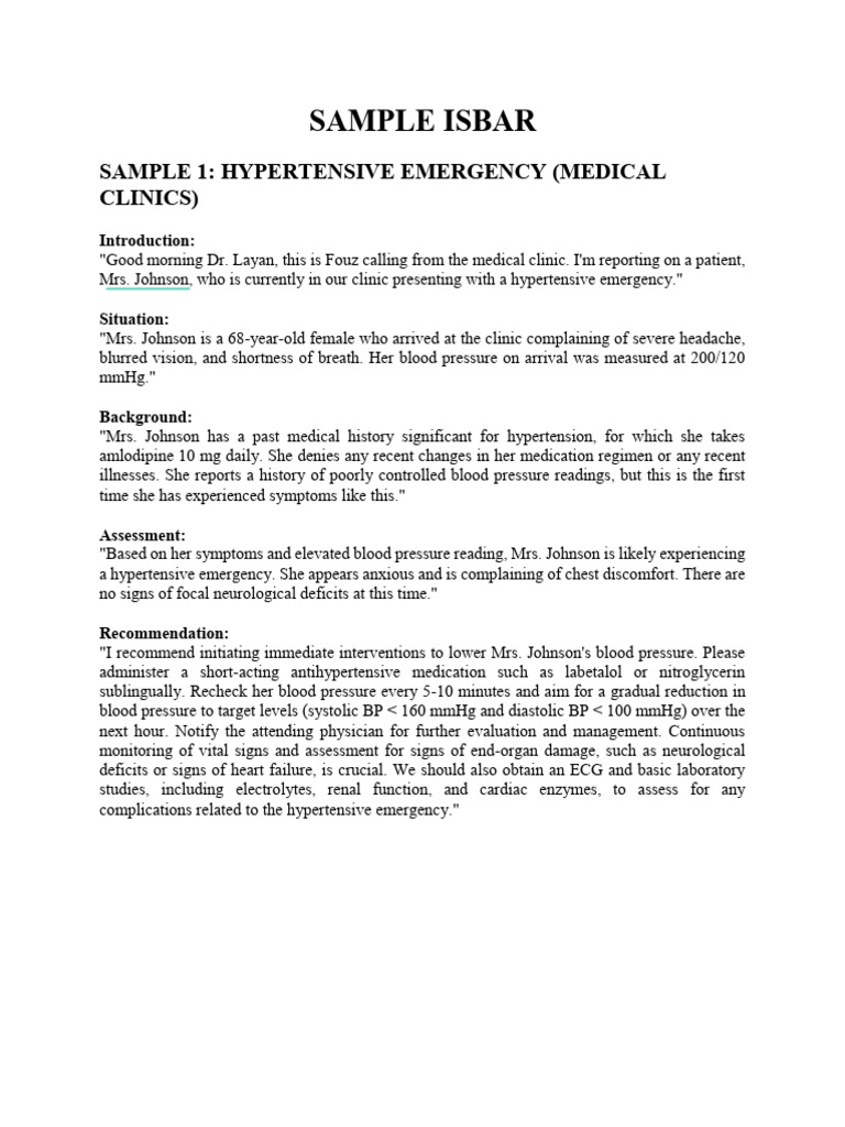 Sample Isbar Scenarios | PDF | Hypertension | Blood Pressure