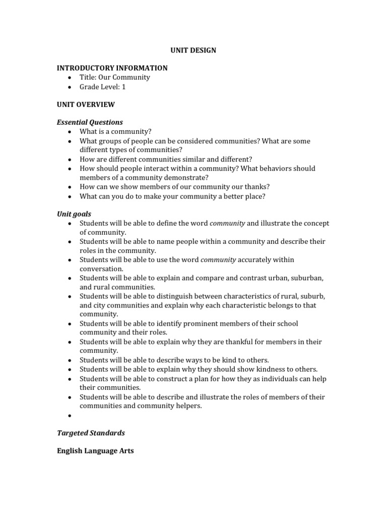 First Grade Community Unit Overview | PDF | Community | Curriculum