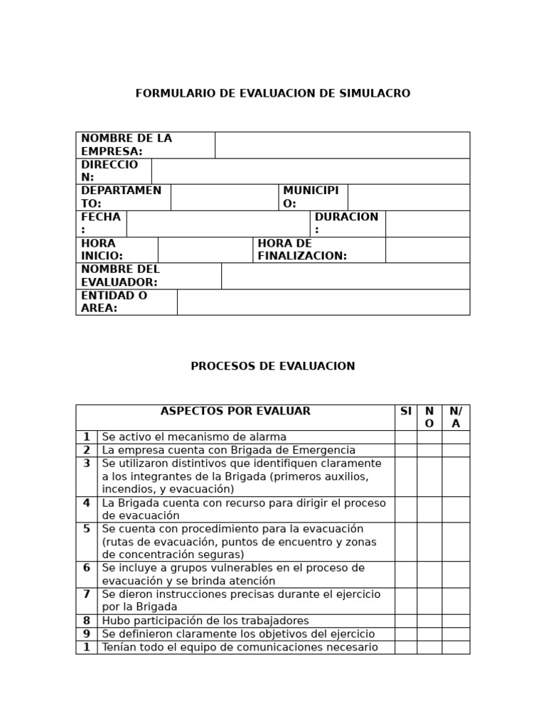 FORMATO EVALUACION SIMULACRO | PDF