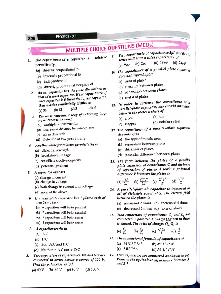 Capacitor and Dielectric MCQs Guide | PDF | Capacitor | Capacitance