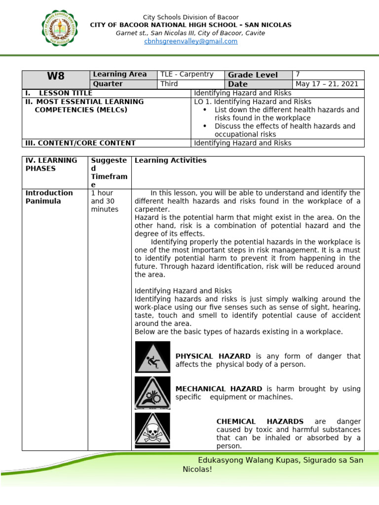 Grade 7 Carpentry: Hazards & Risks | PDF | Hazards | Risk