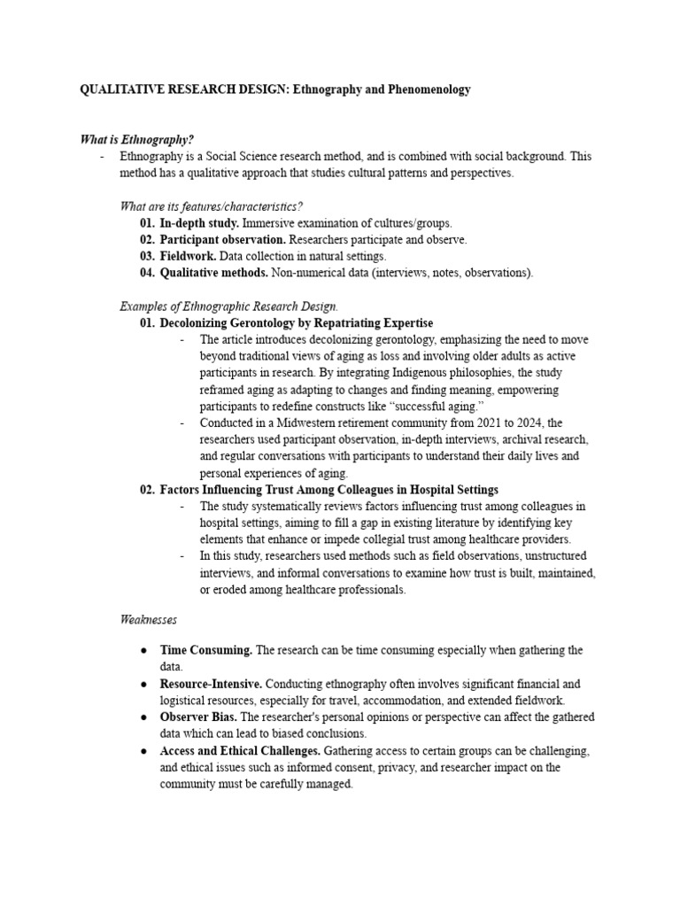 QUALITATIVE RESEARCH DESIGN - Ethnography and Phenomenology | PDF | Ethnography | Experience