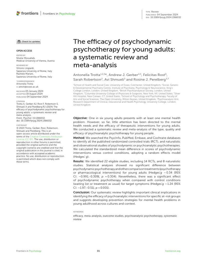 The Efficacy of Psychodynamic Psychotherapy For Young Adults A ...