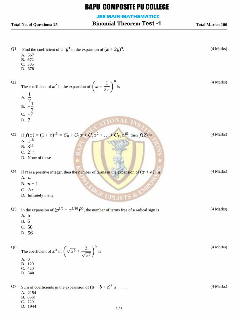 Jee (Main) Binomial Theorem Test-1 | PDF