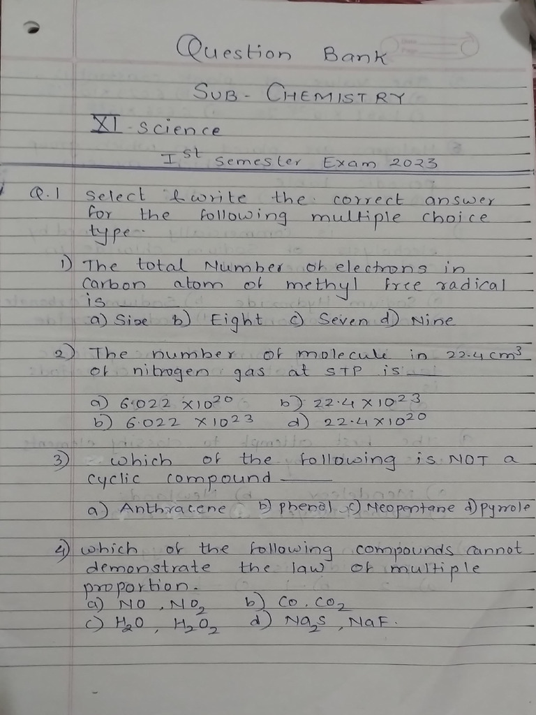 XI Sci Question Bank ..Sub - Chemistry, 1st Sem Exam 2023. | PDF
