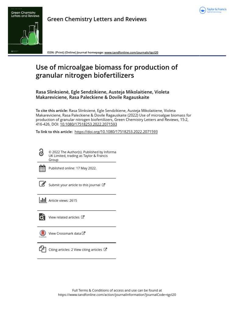 Use of Microalgae Biomass For Production of Granular Nitrogen ...