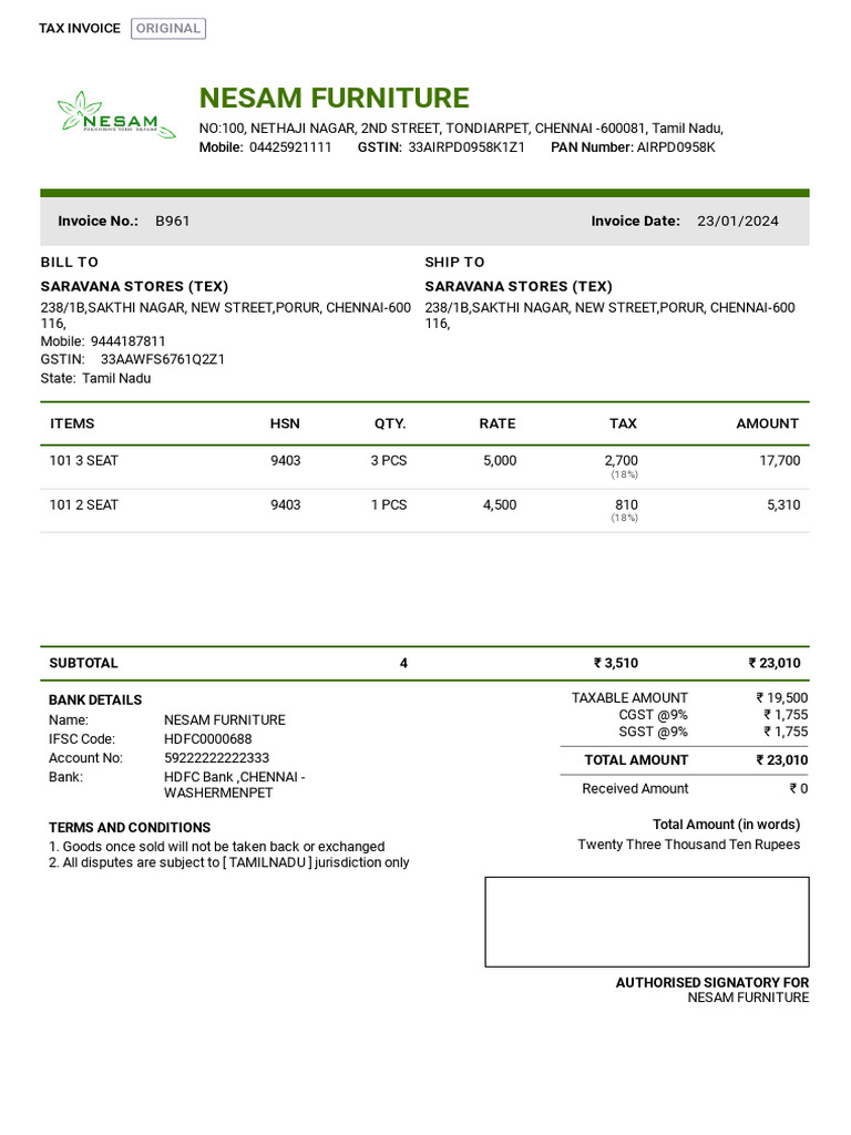 Saravana Stores Tex Sales Invoice b961 | PDF | Invoice | Economy Of India