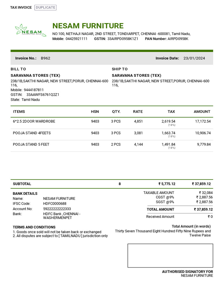 Saravana Stores Tex Sales Invoice b962 2 | PDF | Invoice | Taxation