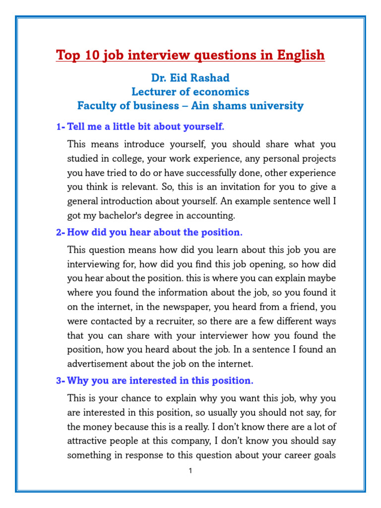 Top 10 Job Interview Questions Explained | PDF | Mind | Experience