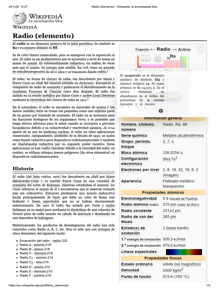 Radio (Elemento) - Wikipedia, La Enciclopedia Libre | PDF | Química ...