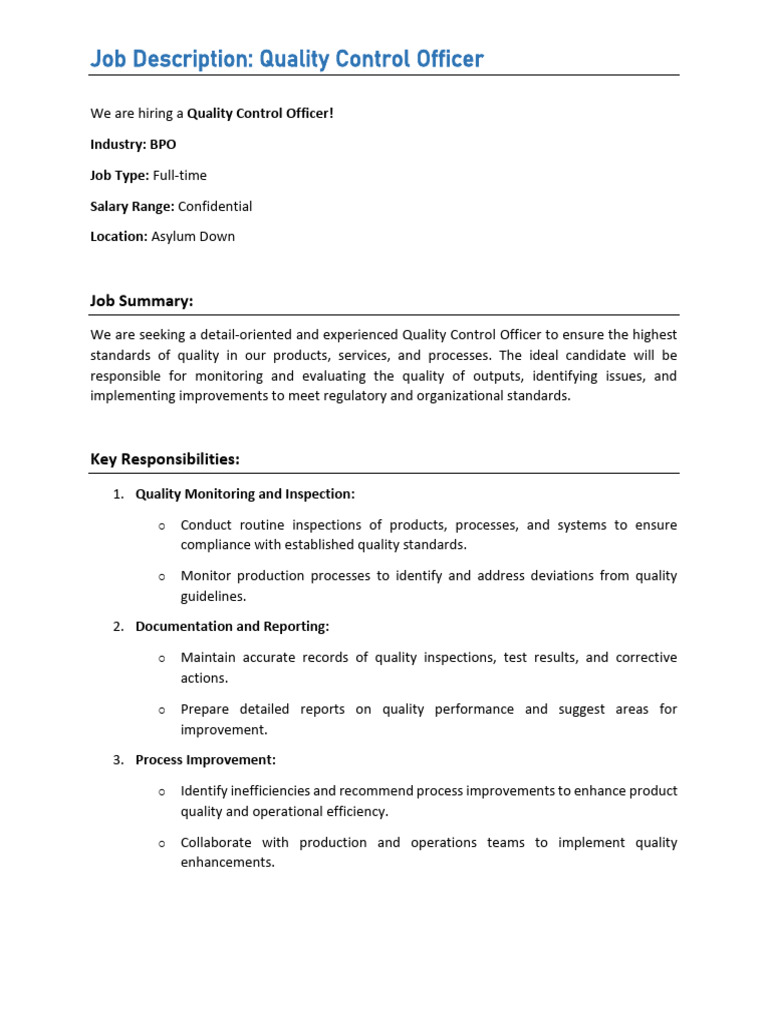 JD - Quality Control Officer | PDF | Quality Management | Regulatory Compliance