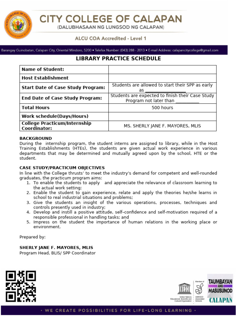 Library Internship Schedule and Objectives | PDF