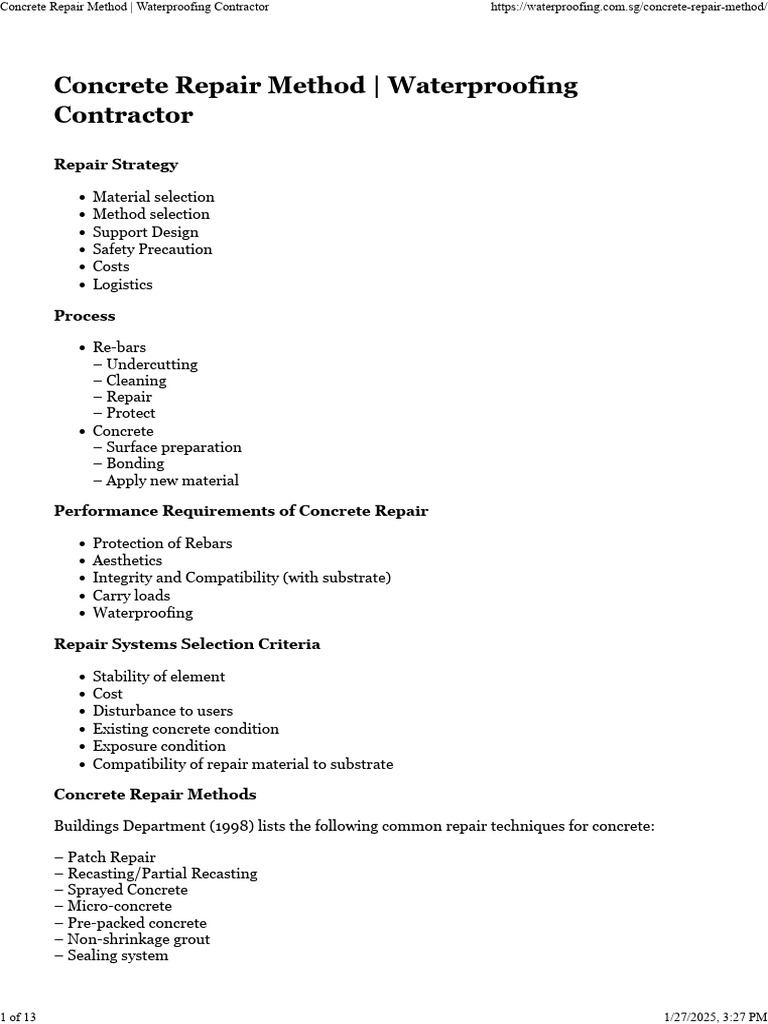 Concrete Repair Method - Waterproofing Contractor | PDF | Concrete | Strength Of Materials
