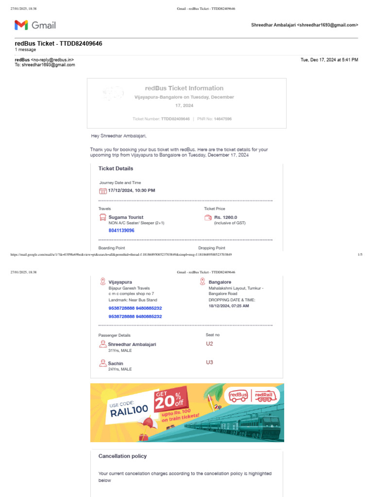Gmail - RedBus Ticket - TTDD82409646 | PDF