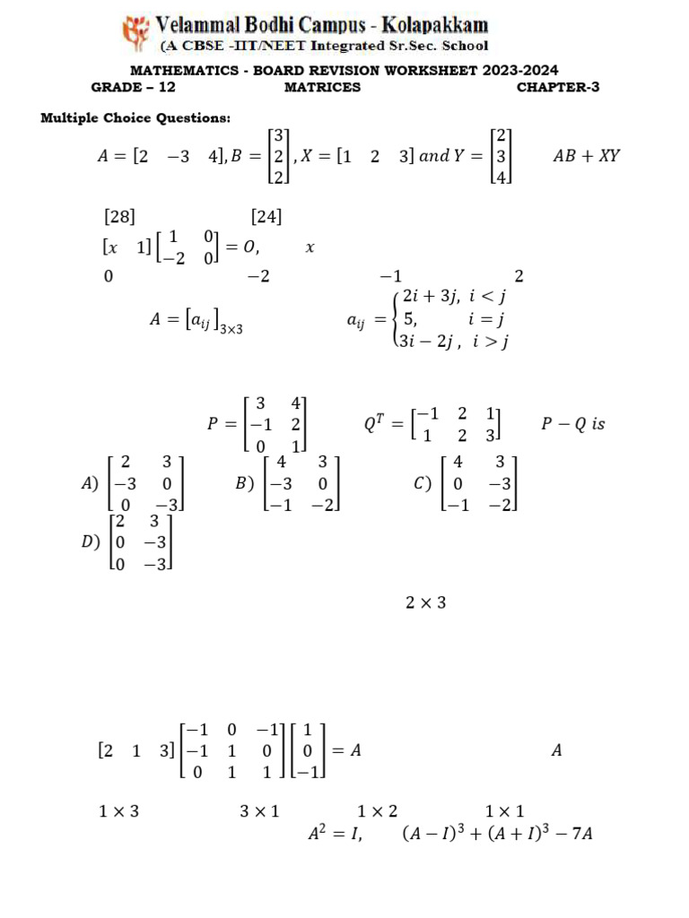 WORKSHEET BOARD REVISION SHEDUL FORMAT 2023-24 | PDF | Matrix (Mathematics) | Mathematics