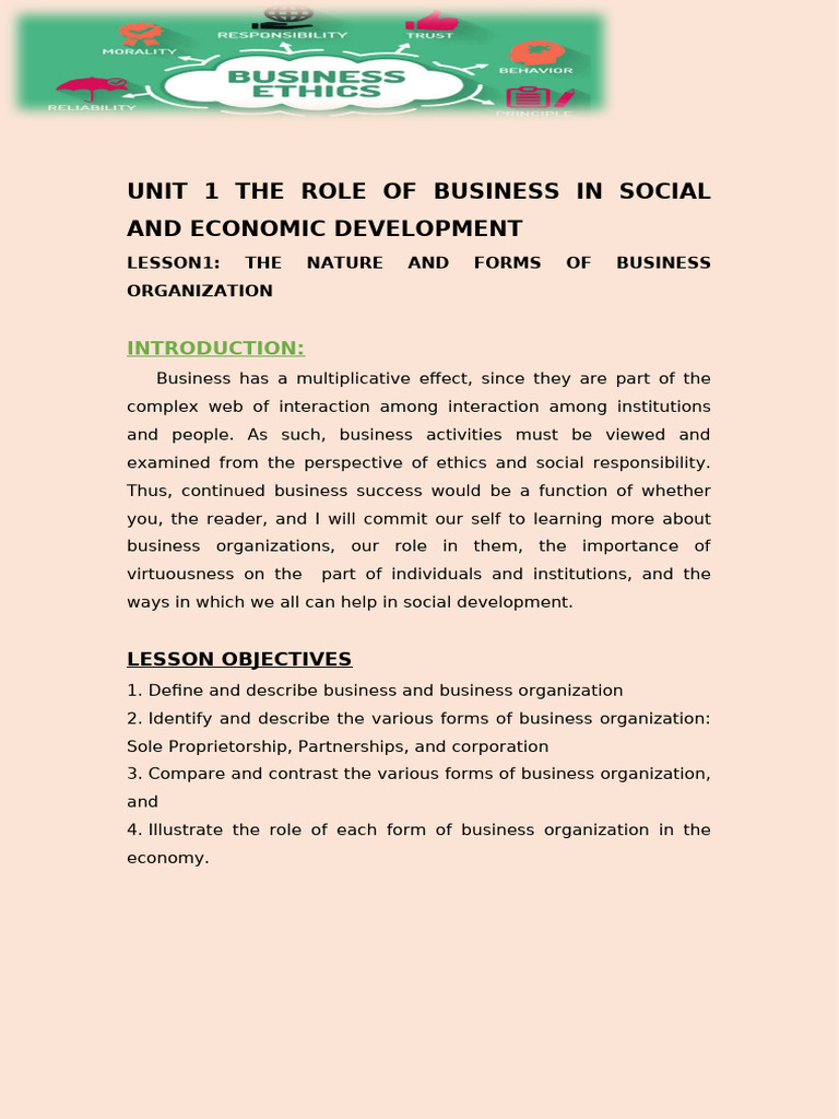 UNIT 1 LESSON 1 (THE ROLE OF BUSINESS IN SOCIAL AND ECONOMIC ...