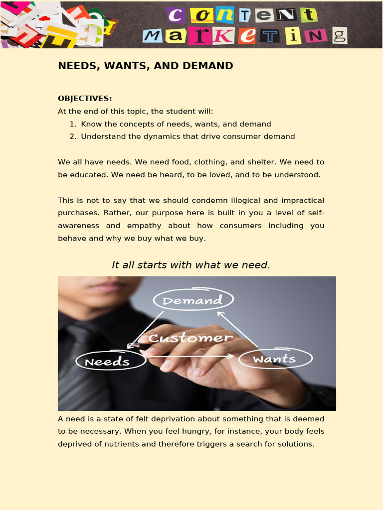 CHAPTER 1 LESSON 2 (Needs Wants and Demands) | PDF | Psychology ...