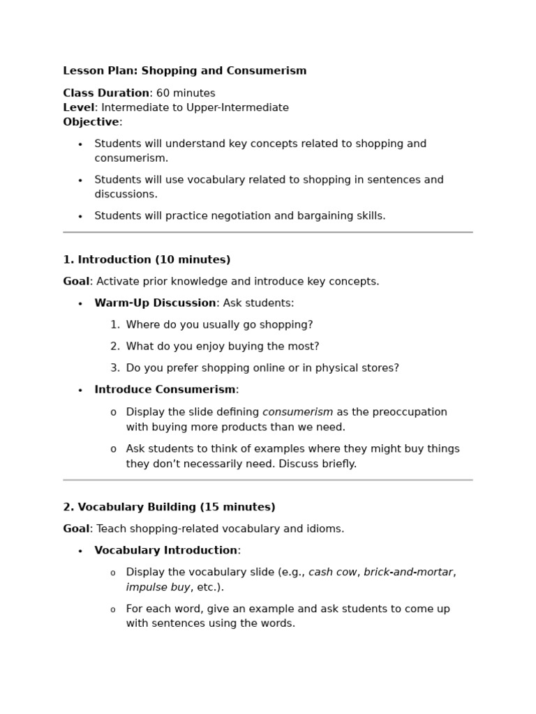 Lesson Plan SHOPPING | PDF | Vocabulary | Consumerism