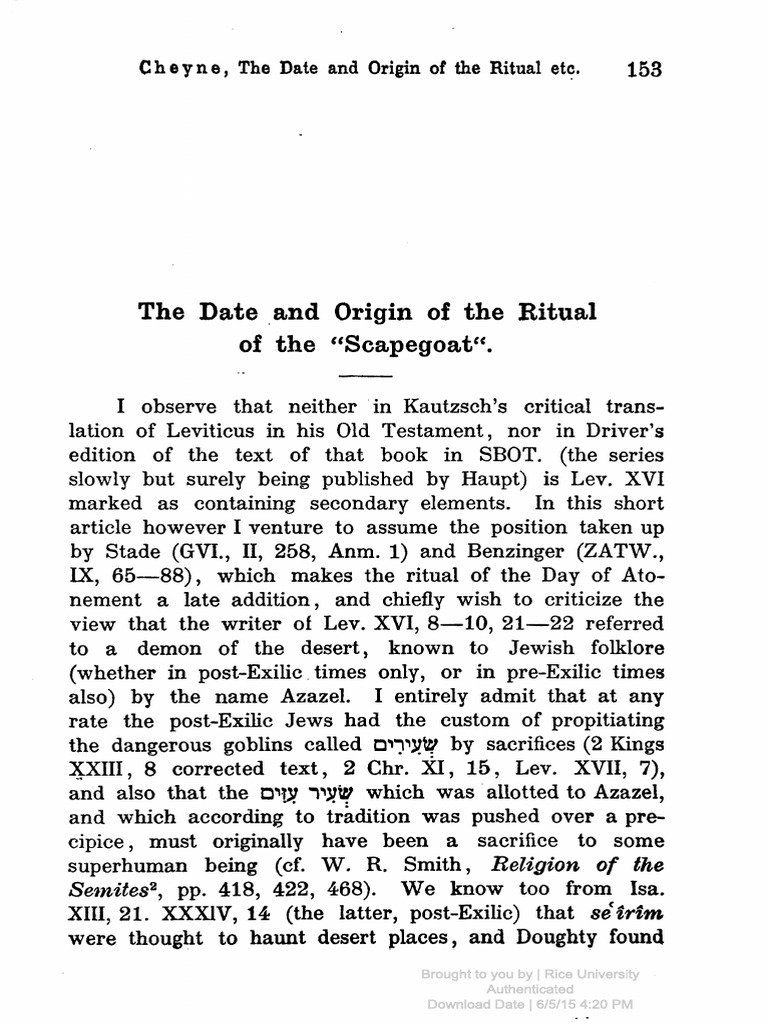 The Date and Origin of The Ritual of The "Scapegoat" | PDF