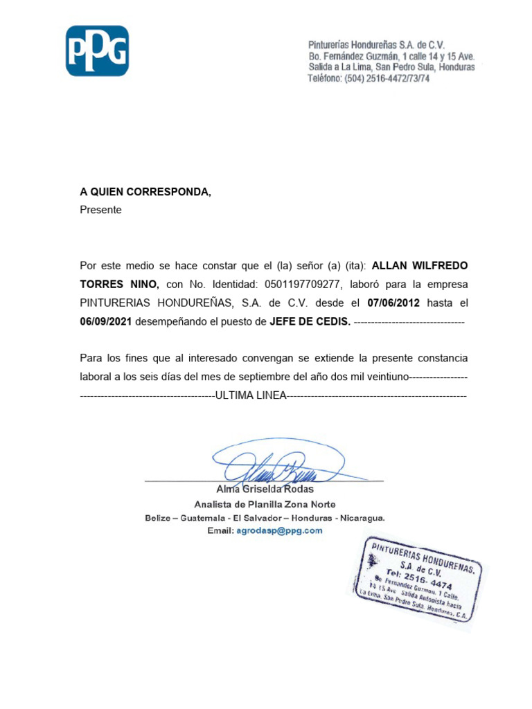 Constancia Laboral de Allan Torres | PDF