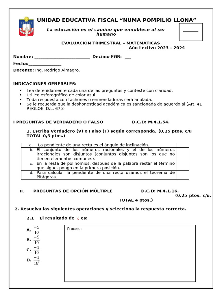 EXAMEN TRIMESTRAL TERMINADO DE V1 MATEMATICAS DECIMO ABC 2024 V1REVISADO Imprimir | PDF ...