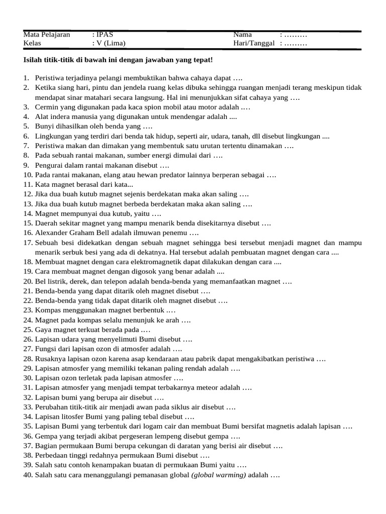 Soal Asas Ganjil IPAS Kelas 5 | PDF