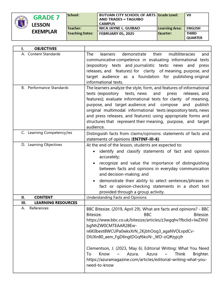 GUIBAO - LESSON PLAN G7 Q3 Pre Demo | PDF | Critical Thinking | Thought