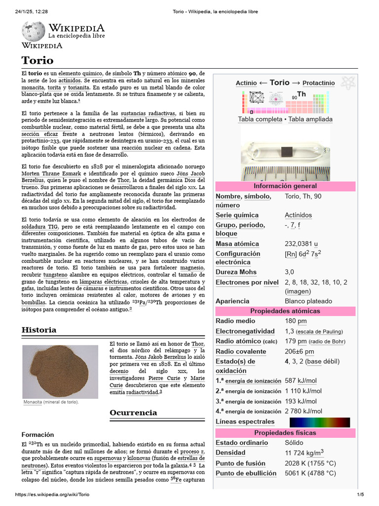 Torio: Propiedades y Usos Nucleares | PDF | Elementos químicos | Química